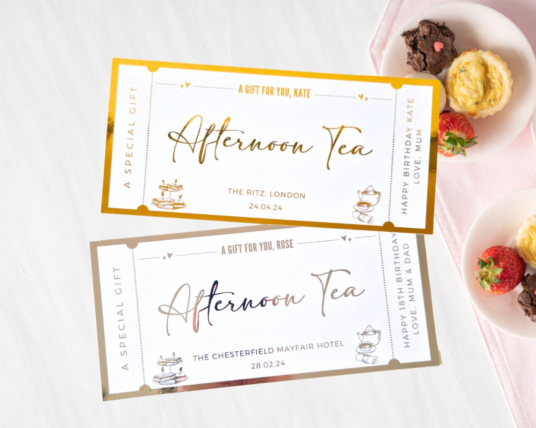 Personalised Afternoon Tea Voucher, Custom Foil Ticket, Birthday ...