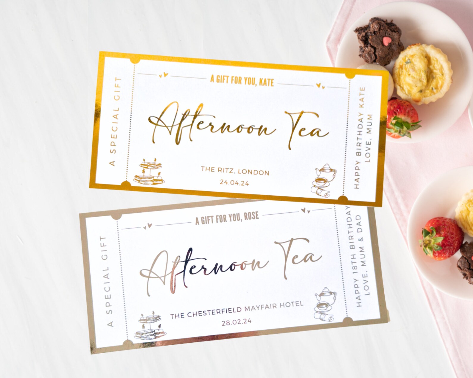 Personalised Afternoon Tea Voucher, Custom Foil Ticket, Birthday ...