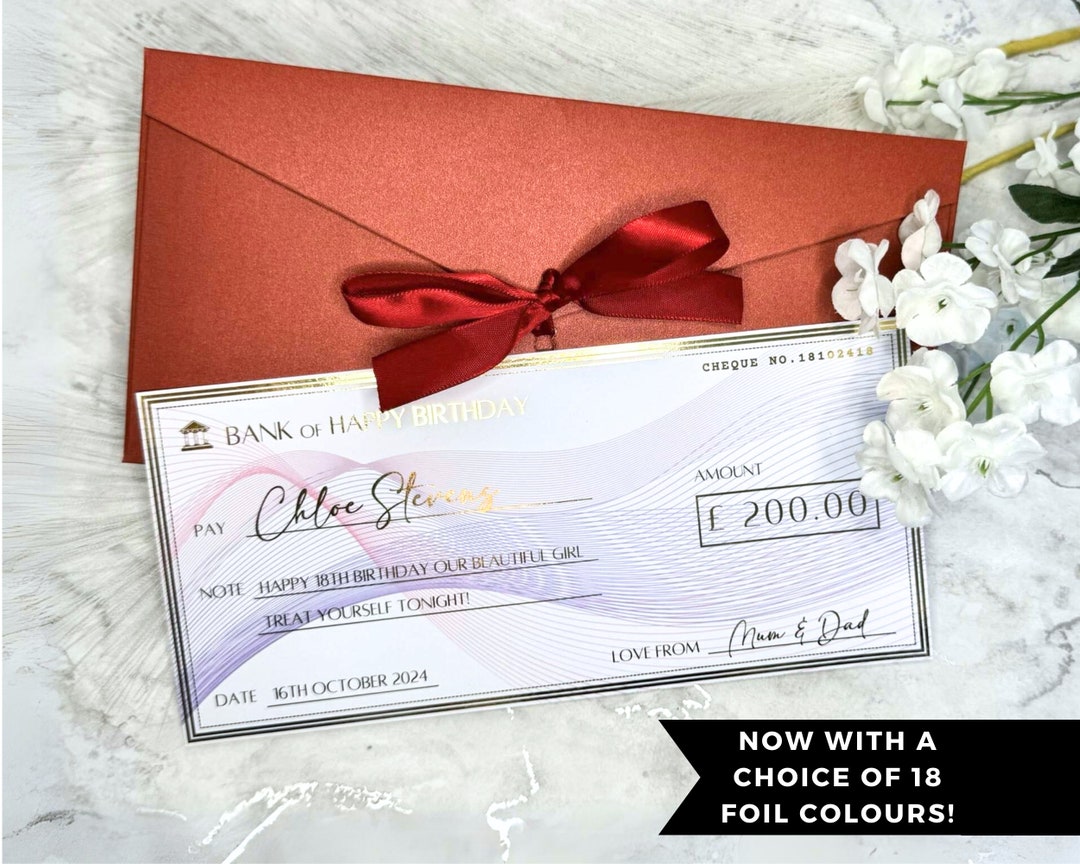 Personalised Foiled Birthday Cheque, Gift Birthday Money, Fake Cheque ...