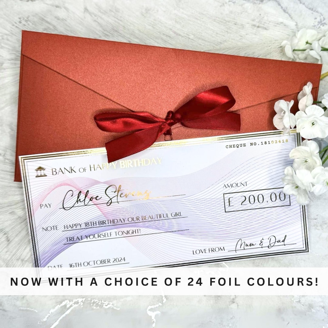 Personalised Foiled Birthday Cheque, Gift Birthday Money, Fake Cheque ...
