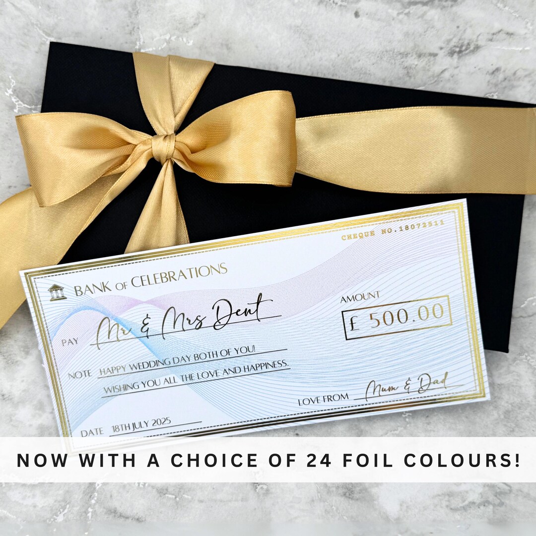 Personalised Foiled Celebration Cheque, Wedding Money Gift, Fake Cheque ...