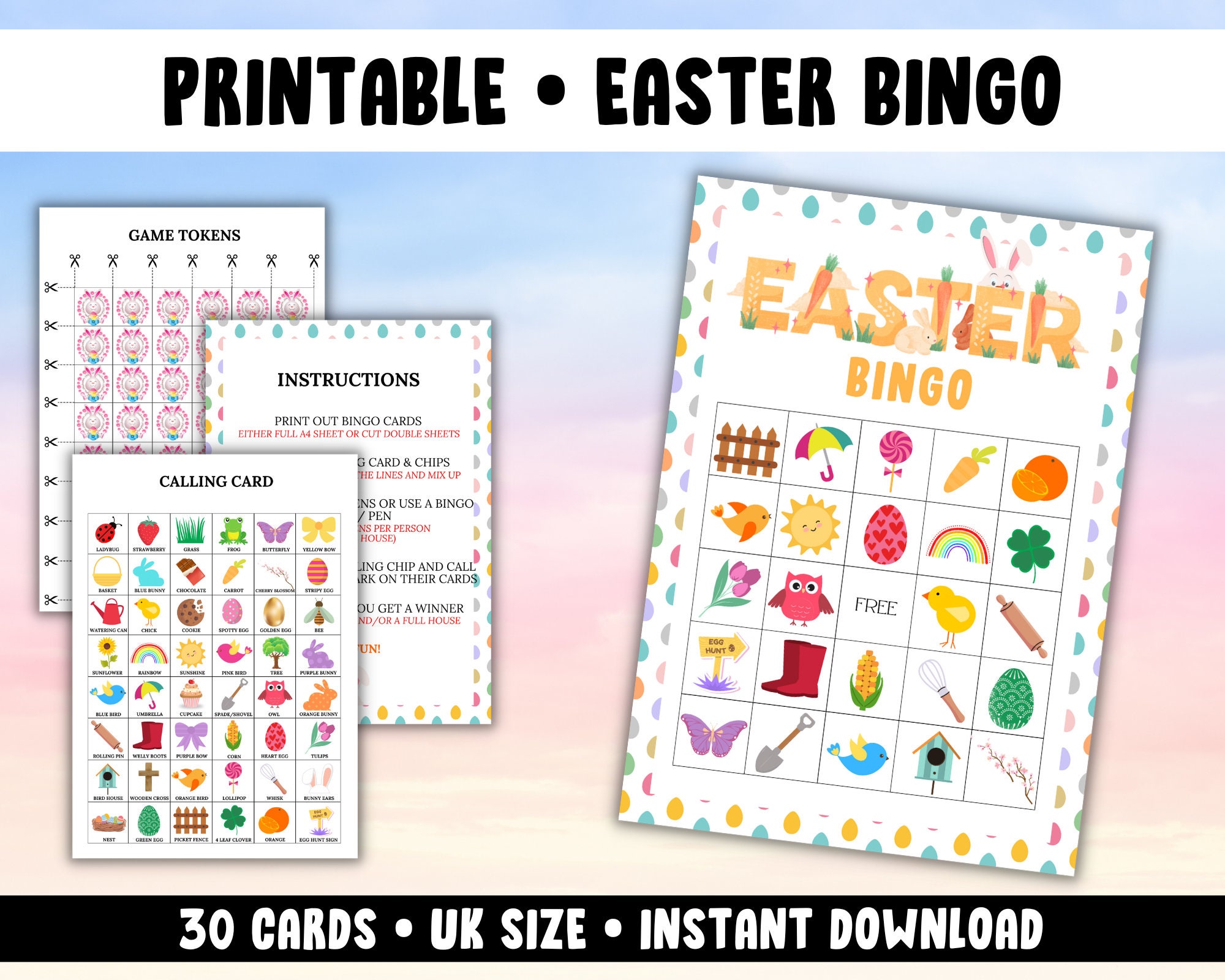 PRINTABLE, Easter Bingo Cards, 30 Unique Cards, Kids Spring Activity ...