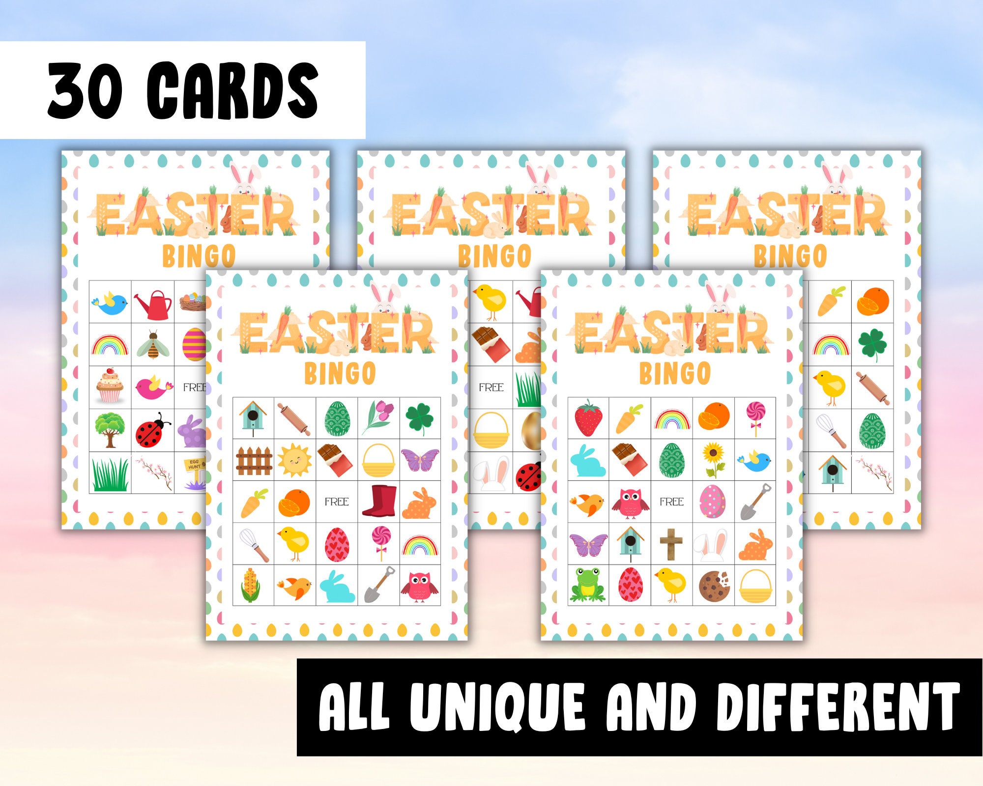 PRINTABLE, Easter Bingo Cards, 30 Unique Cards, Kids Spring Activity ...