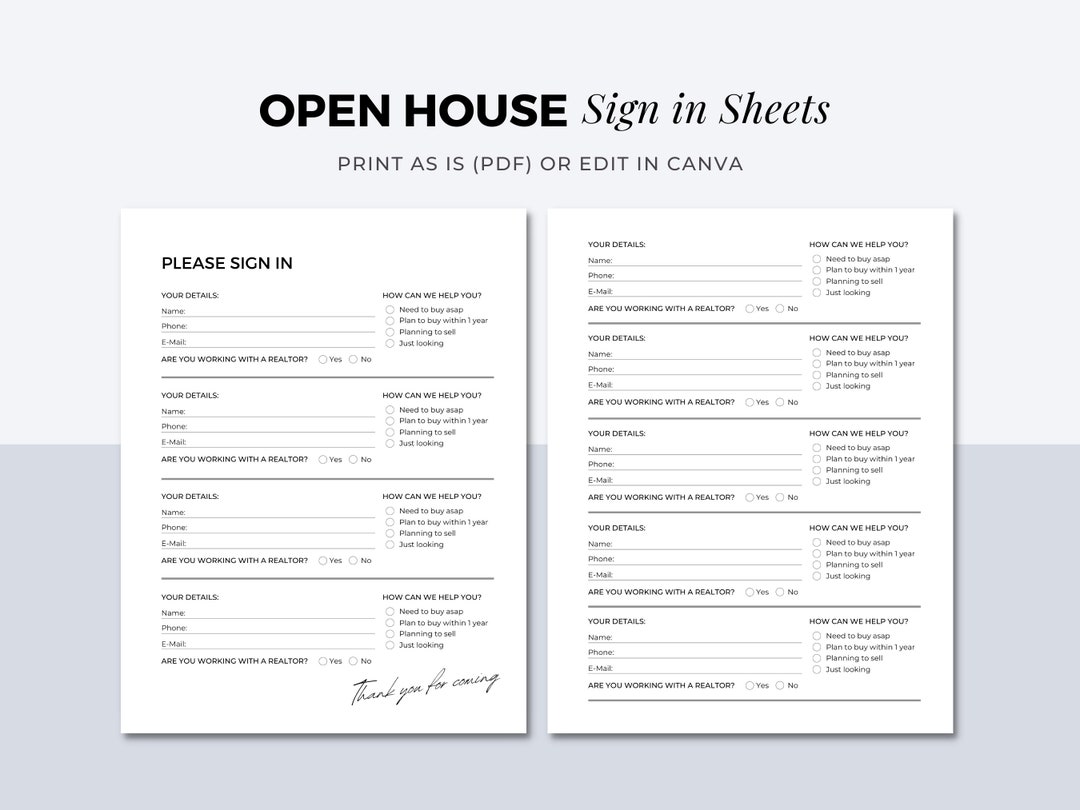 Printable Open House Sign in Sheets Editable Real Estate Open - Etsy