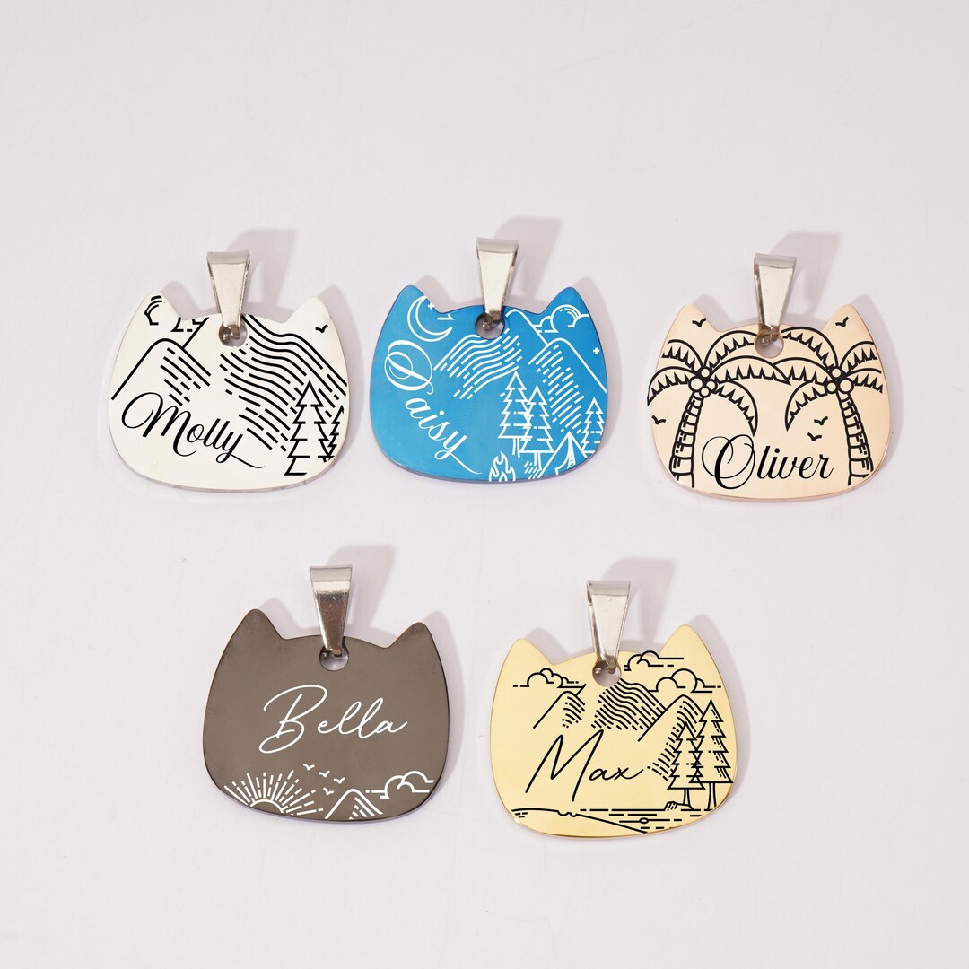 Custom Cat Tag, Boho Pet Name Tag, Cute Cat Shape Tag, Chipped Cat ...
