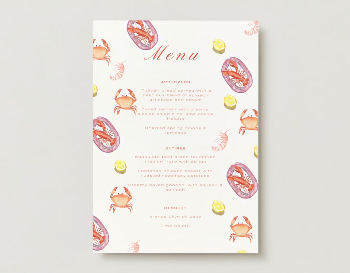 Crab & Lobster Seafood Dinner Party, Event Invite and Menu, Dinner Menu ...