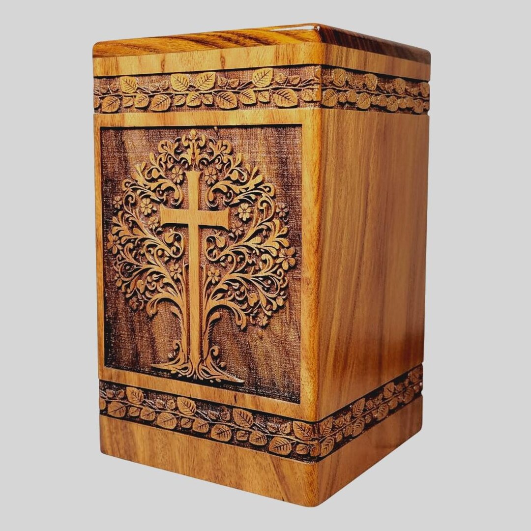 Engraved Wooden Cremation Urn - Tree of Life With Cross - Memorial ...