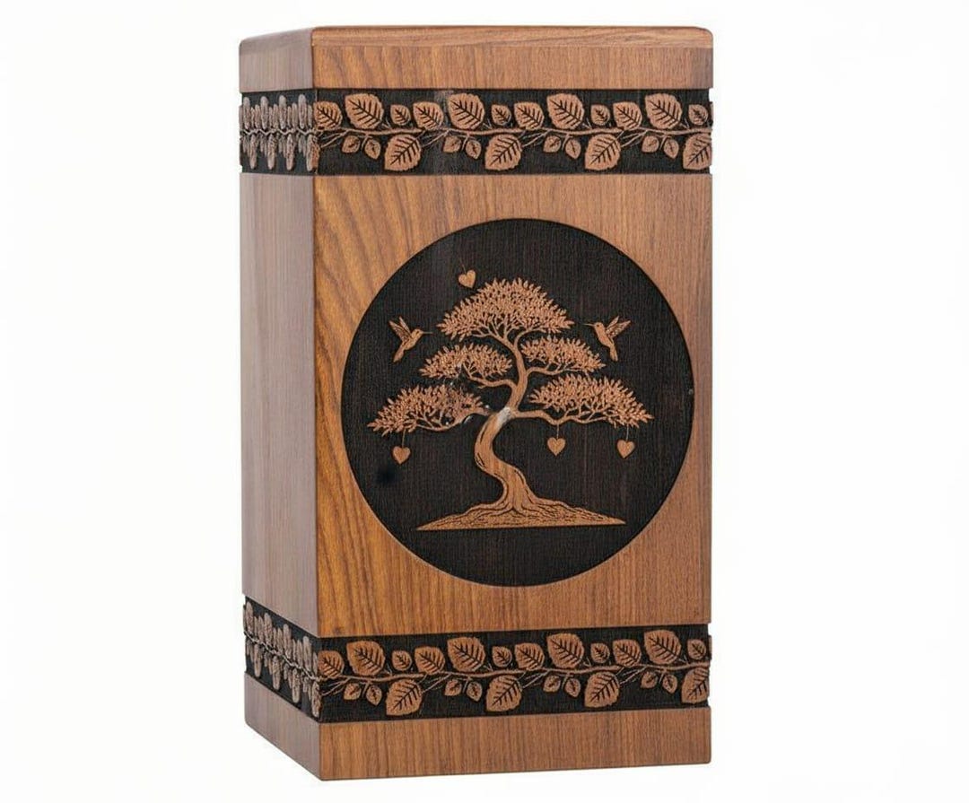 Personalized Tree of Life Urn – Engraved Birds & Hearts Wood Memorial ...