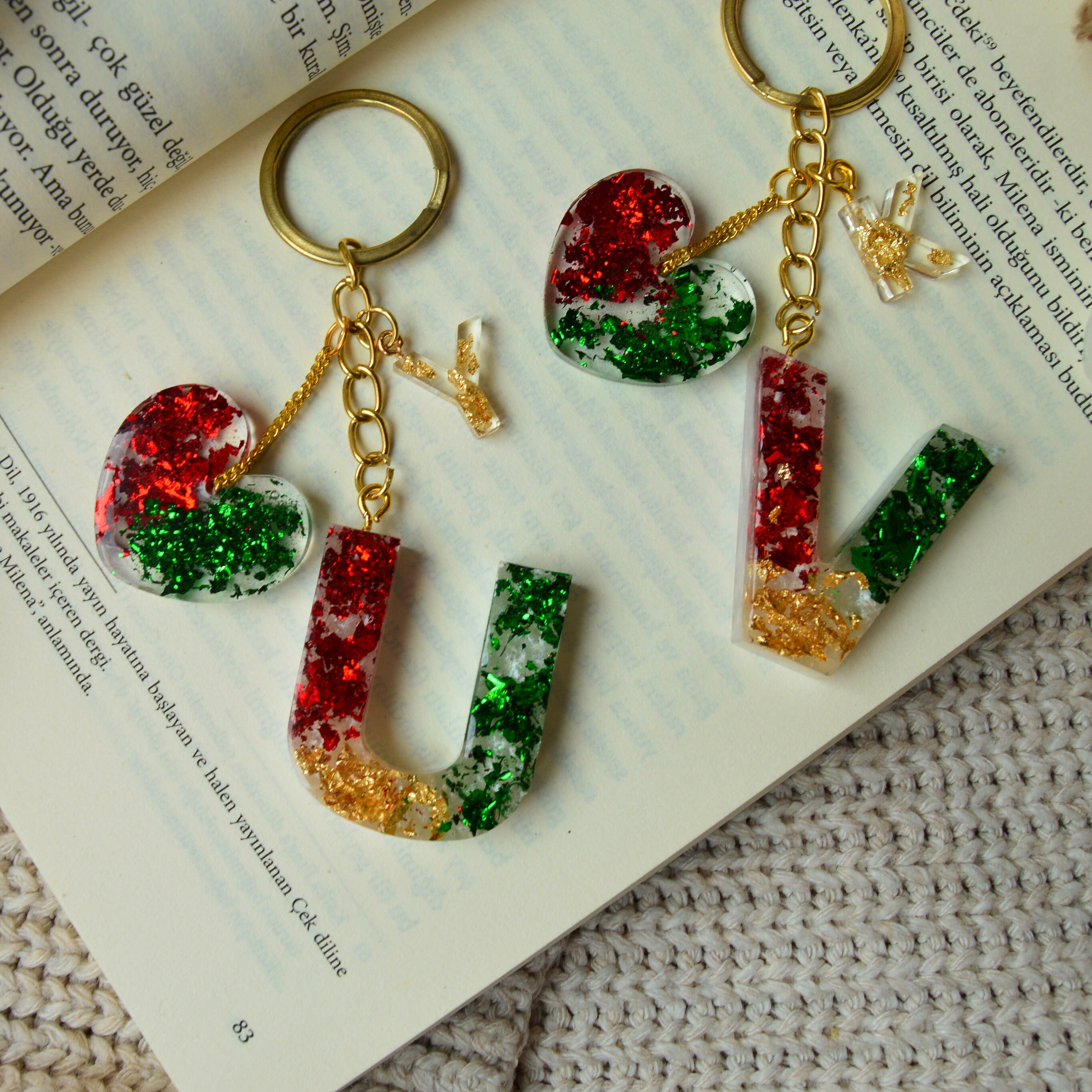 Christmas Keychain Gift, Letter Keychain, Resin Keychain, Initial ...