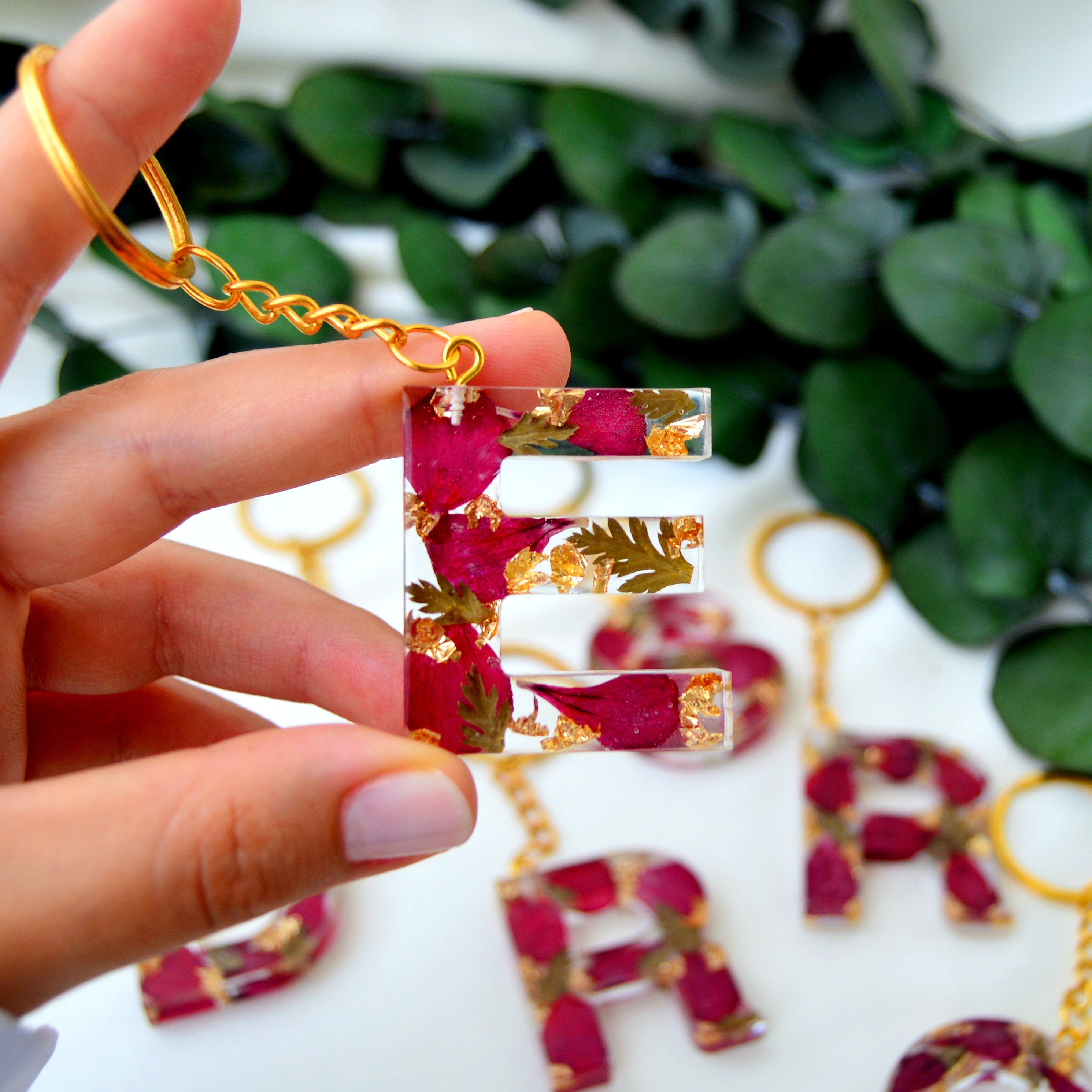 Personalised Flower Resin Keyring, Custom Letter Initial Epoxy Keychain ...