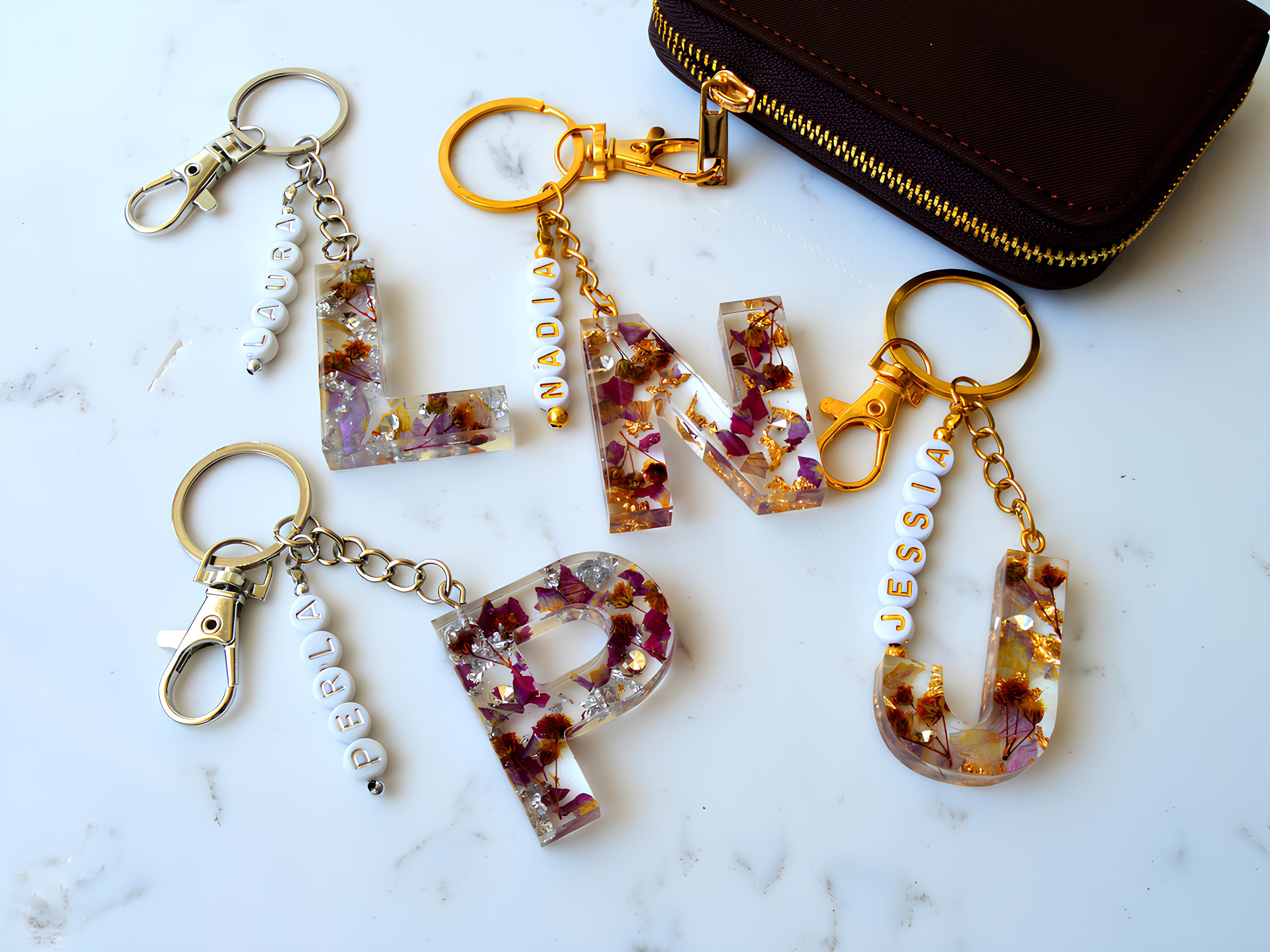 Personalized Name Bead Keychain Resin Letter Key Chain Initial Keyring ...