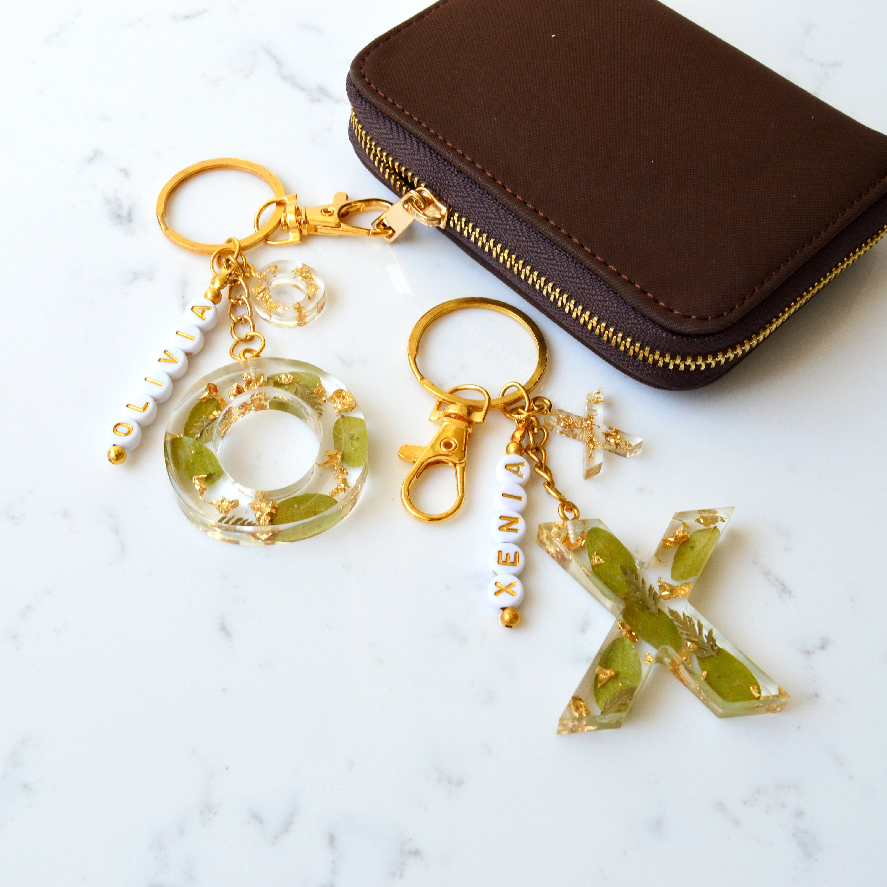 Aesthetic Resin Letter Initial Keychain Name Beaded Keyring Charm ...