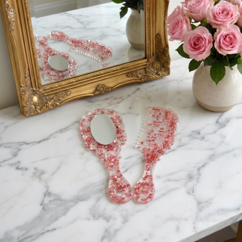 Flower Resin Hair Comb & Hand Mirror Set, Glitter Custom Comb Hand ...
