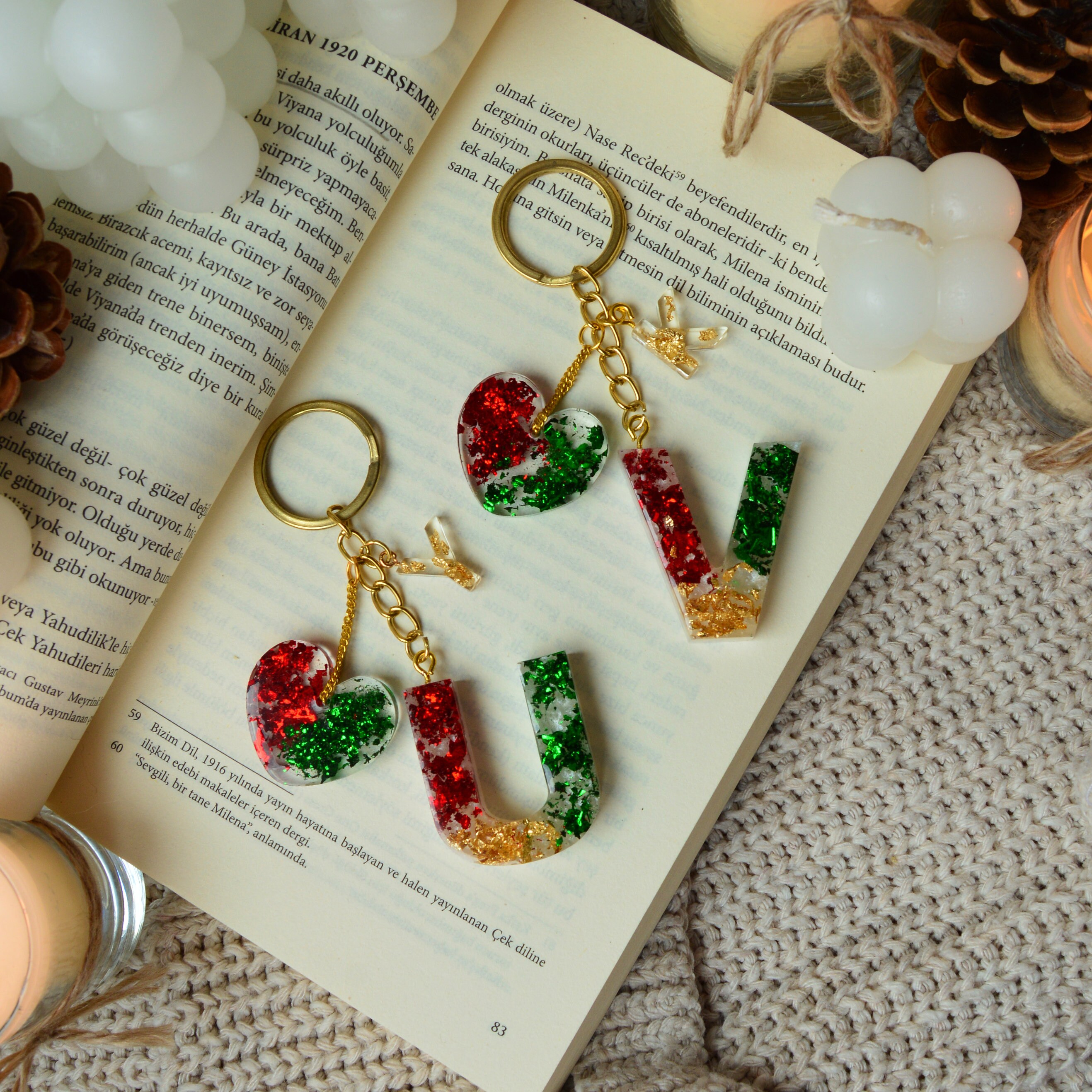 Christmas Keychain Gift, Letter Keychain, Resin Keychain, Initial ...