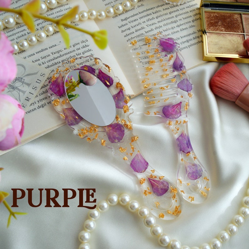 Retro Real Flower Resin Comb & Hand Mirror Set︱vanity Accessories ...