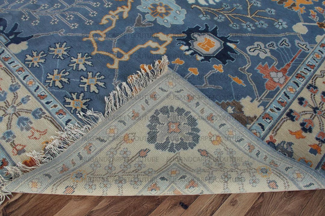 Hand-knotted Blue Oushak Rug Light Blue Oriental Wool Area Rug Floral ...
