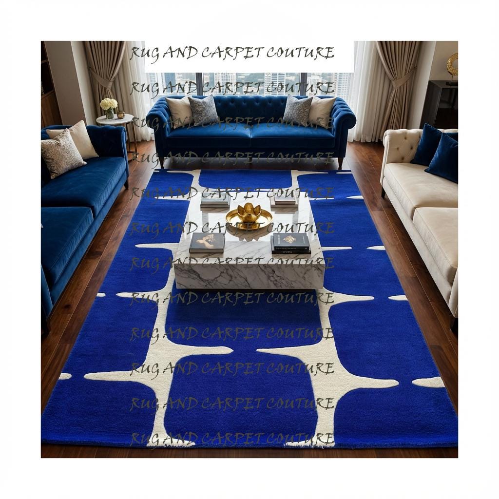 Hand Tuft Tufted Rug Blue Ivory Geometric Modern Rug Handmade Wool Hand ...