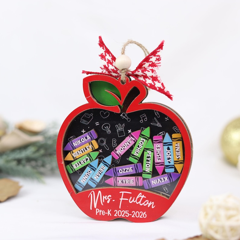 Custom Teacher Apple With Crayons Shaker Ornament, Personalized Class ...