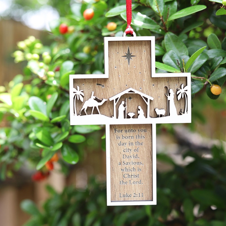 Wooden Nativity Scene Scripture Cross Ornament, Christian Ornament, for ...