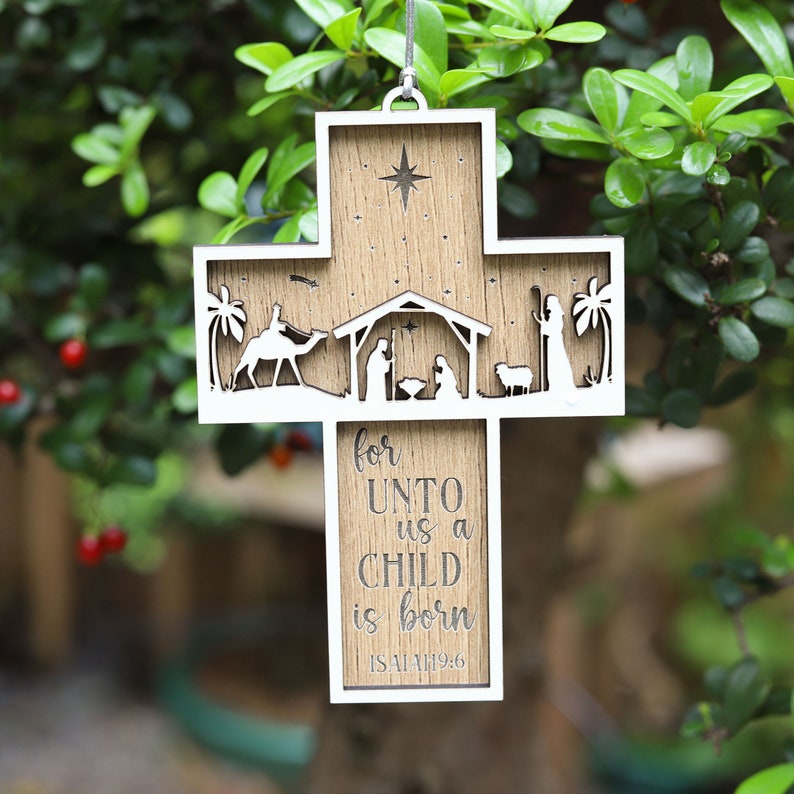 Wooden Nativity Scene Scripture Cross Ornament, Christian Ornament, for ...