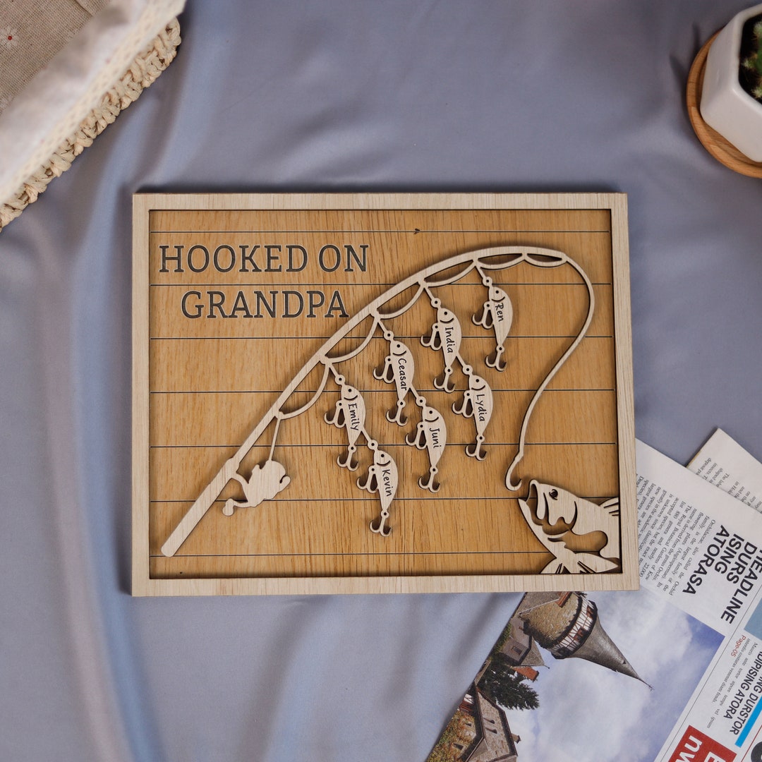 Hooked on Grandpa Fishing Fathers Day Gift Personalized Grandkid Wooden ...