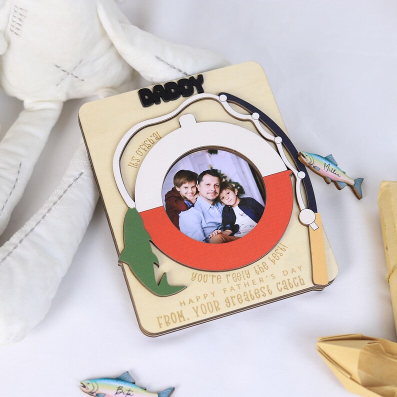 Fisherman Daddy Grandpa Photo Magnet, Personalised Wood Fridge Frame ...