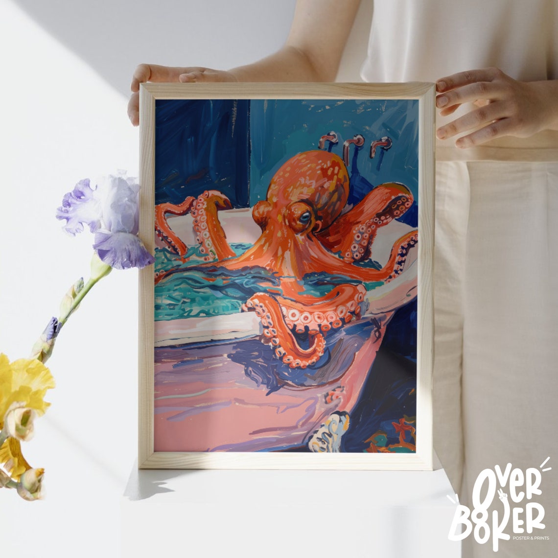 Octopus in Bathtub Bathroom Wall Art Maximalist Bathroom Poster Octopus ...