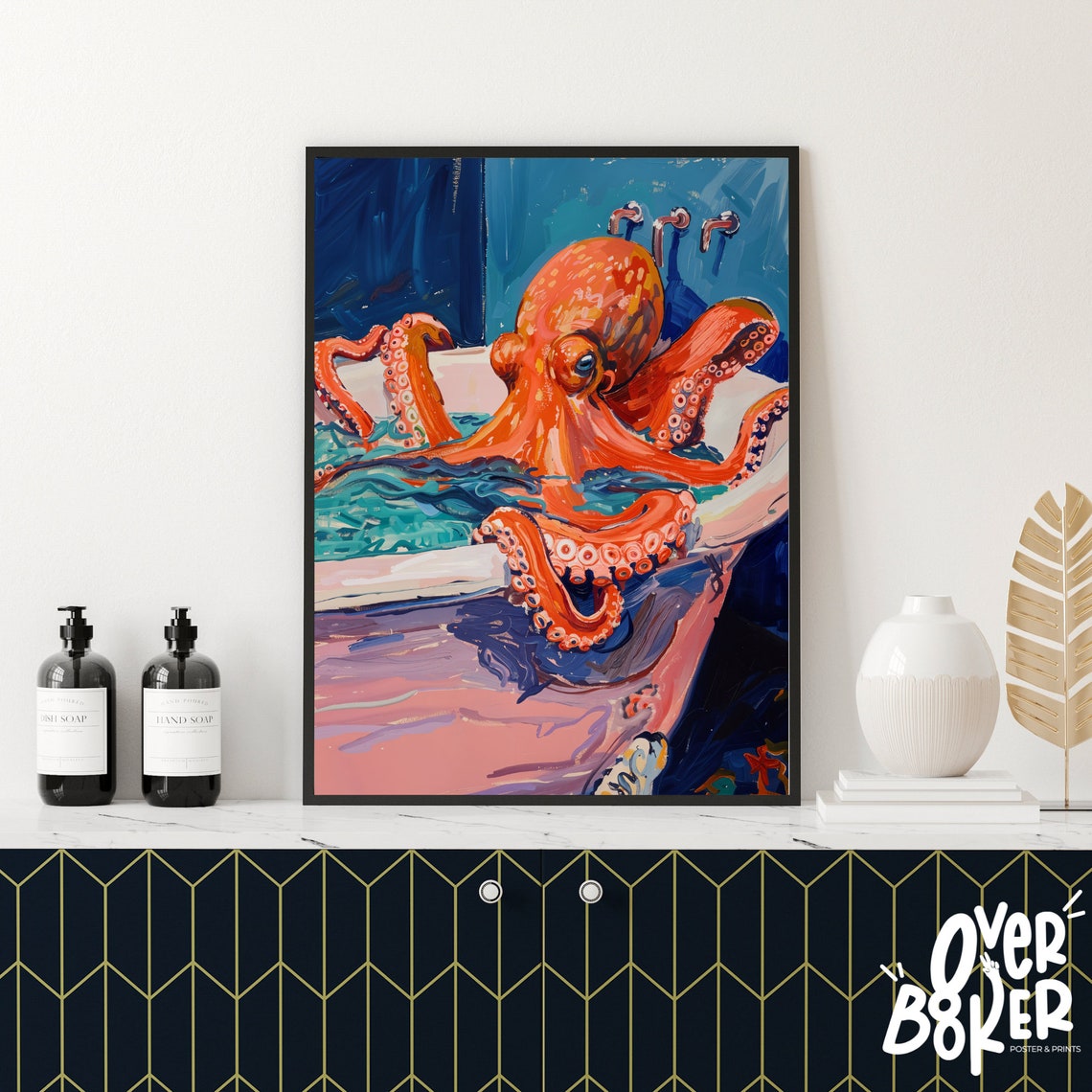 Octopus in Bathtub Bathroom Wall Art Maximalist Bathroom Poster Octopus ...