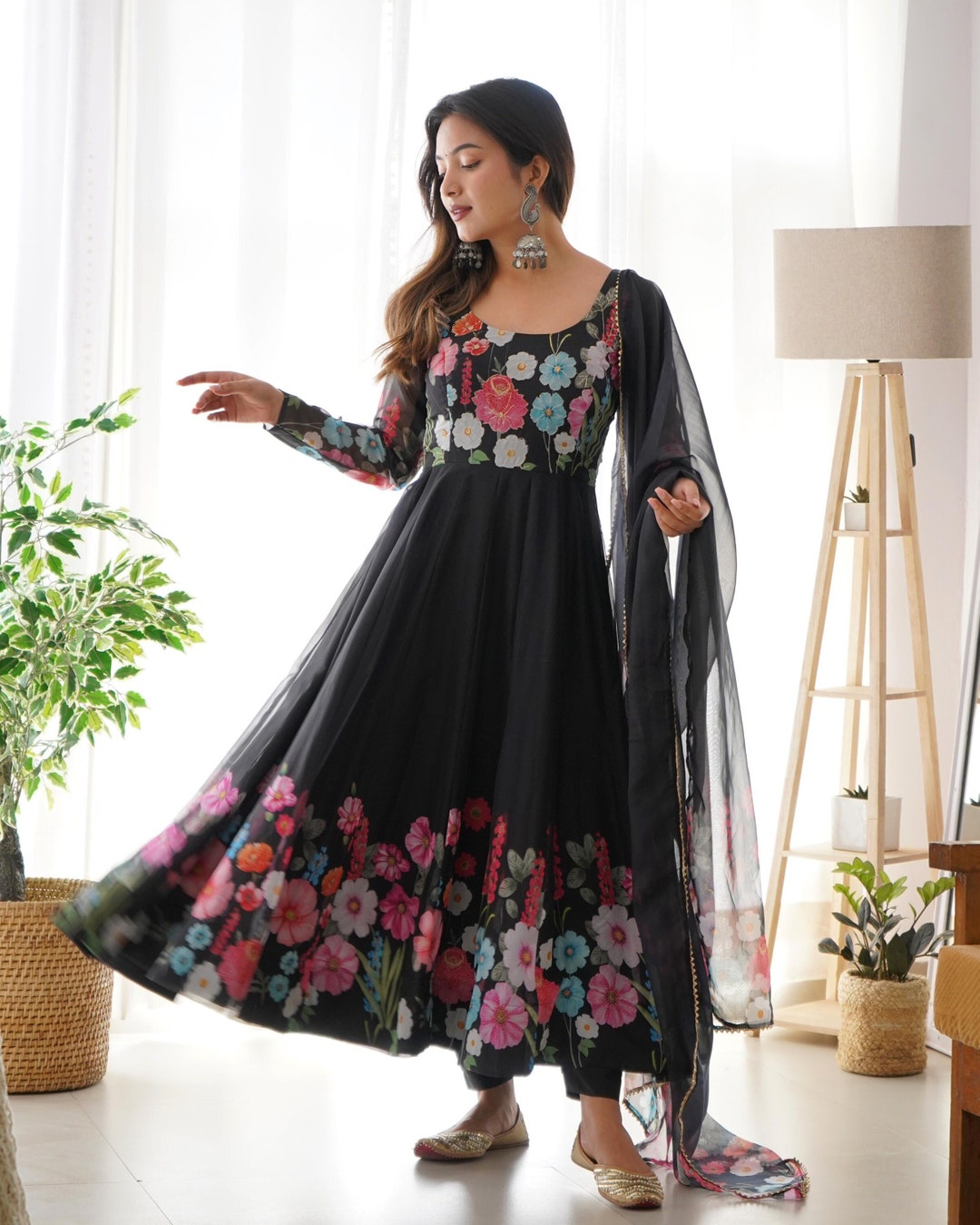 Floral Black Anarkali Dress for Women, Full Flared Dress With Dupatta ...