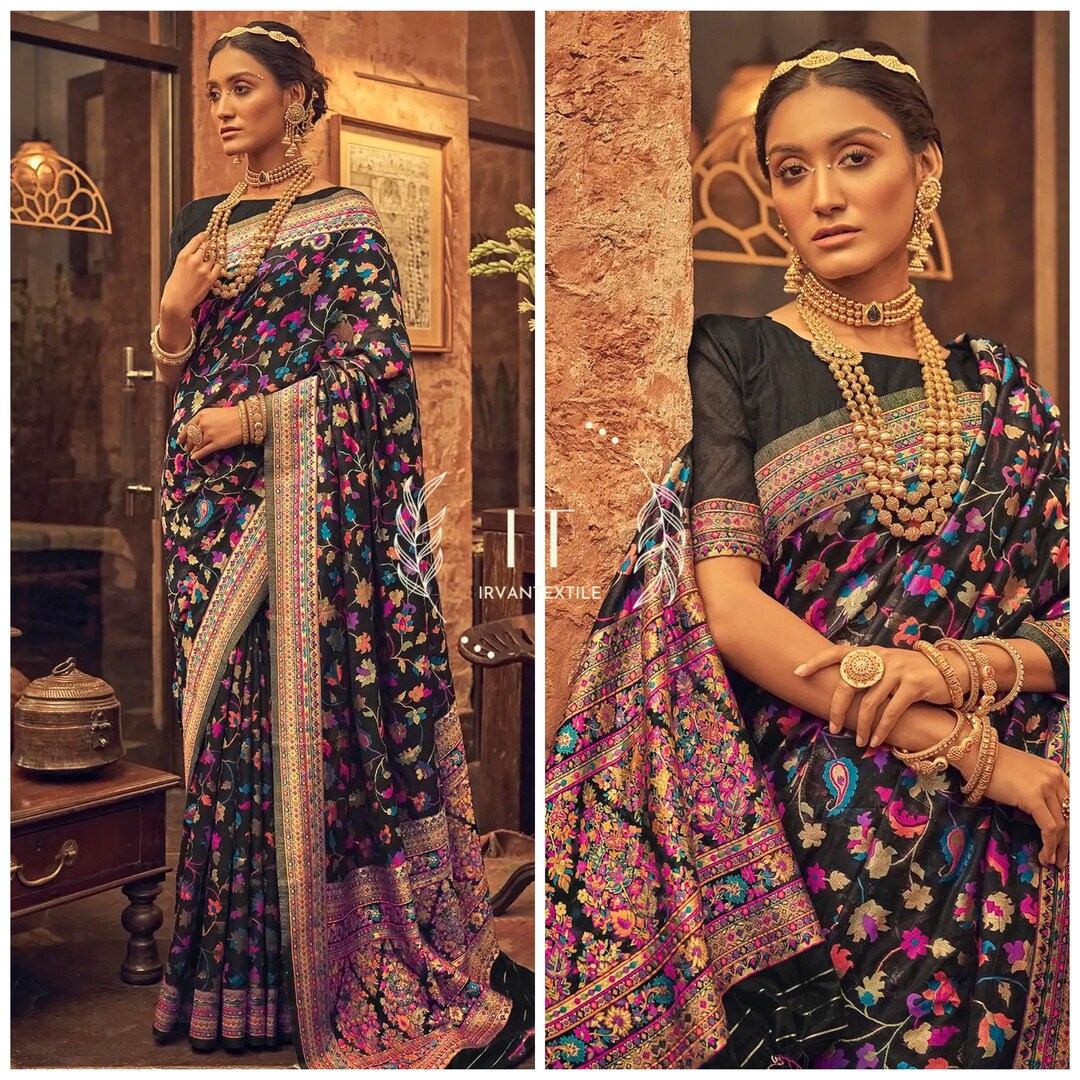 Buy Black Kashmiri Handloom Weaving Jamewar Saree With Beautiful Floral ...