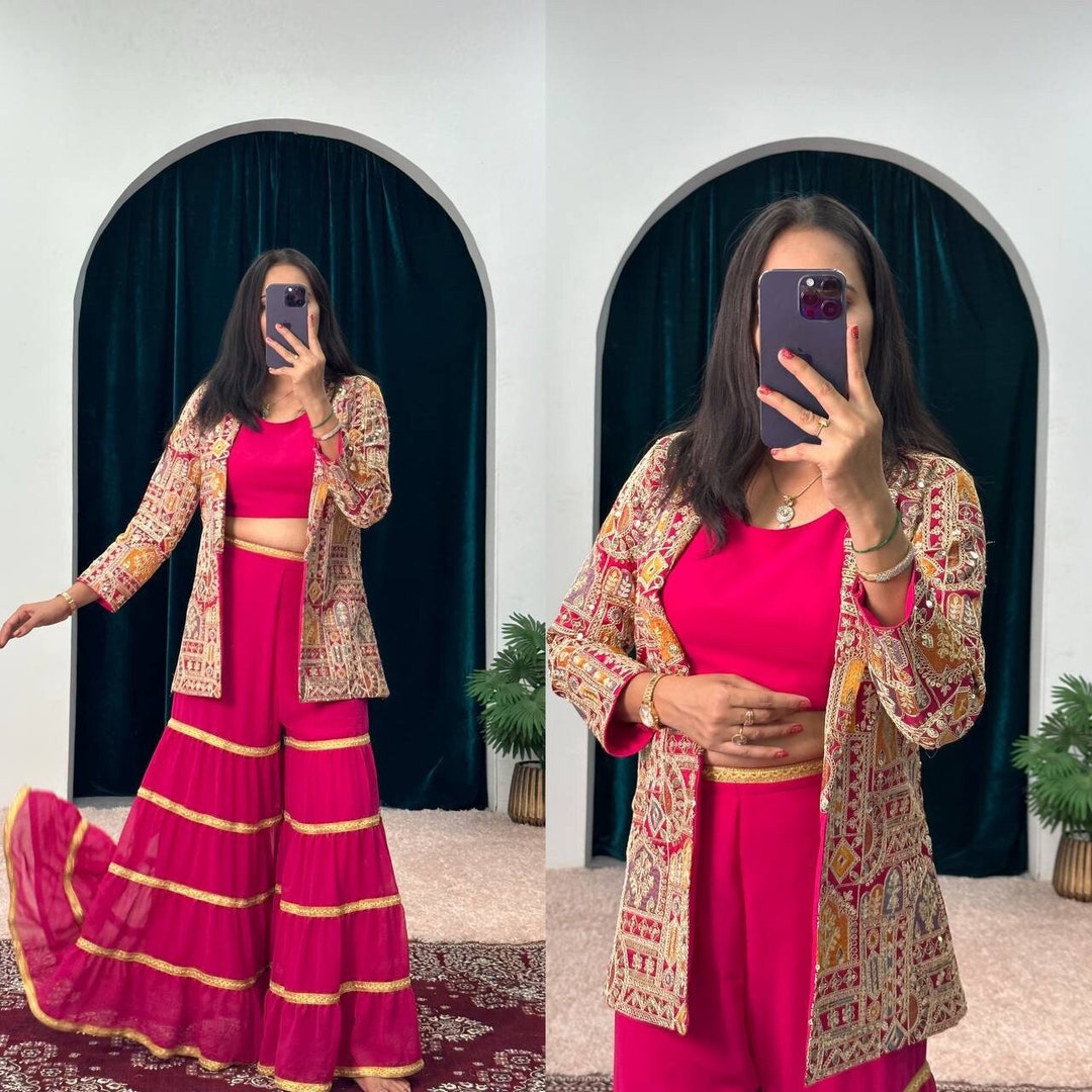 Buy Designer Faux Georgette Fabric Sharara Suit With Koti & Palazzo ...