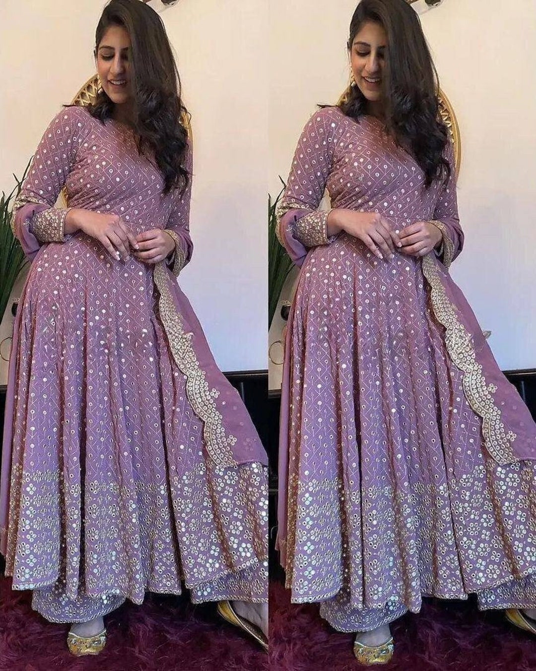 Celebrity Look Purple Pakistani Long Gown, Readymade Party Wear Indian ...