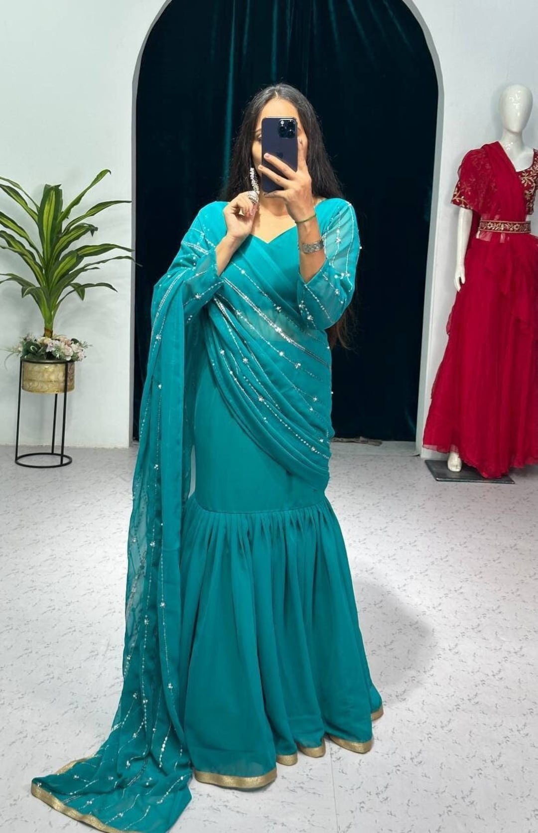 Buy Sky Blue Saree Style Lehenga With Sequence Work & Sweet Heart Neck ...