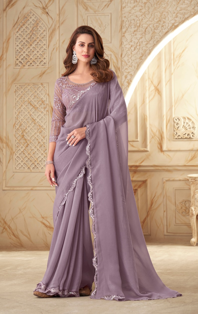 Buy Purple Silk Embroidery Border Saree Beautiful Party Wear Online in ...