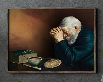 Painting Of Old Man Praying Over Bread