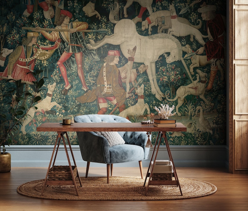 Medieval Unicorn Tapestry Wallpaper: Renaissance Wall Decor #49 - Etsy
