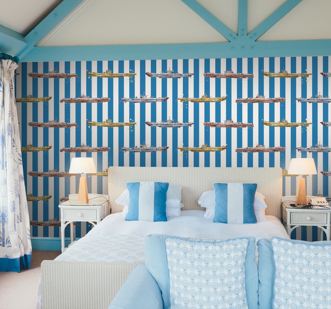 Blue Striped Watercolor Wallpaper, Vintage Submarines Blue Nautical ...