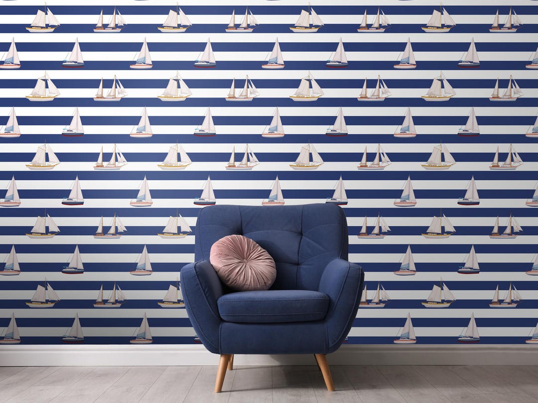 Nautical Sailboat Wallpaper: White & Blue Striped Wall Mural #21 - Etsy