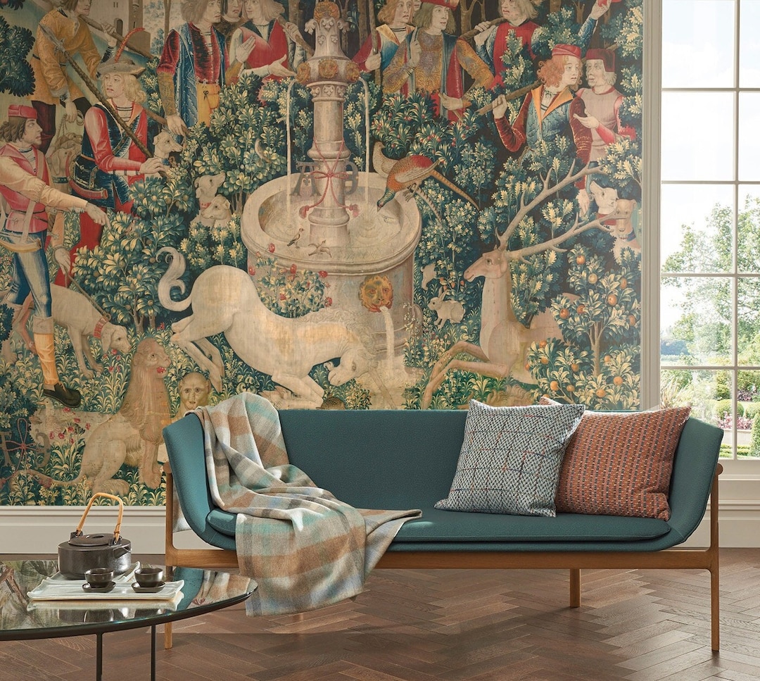 Unicorn Tapestry Wallpaper Mural: Medieval Embroidery Art #48 - Etsy