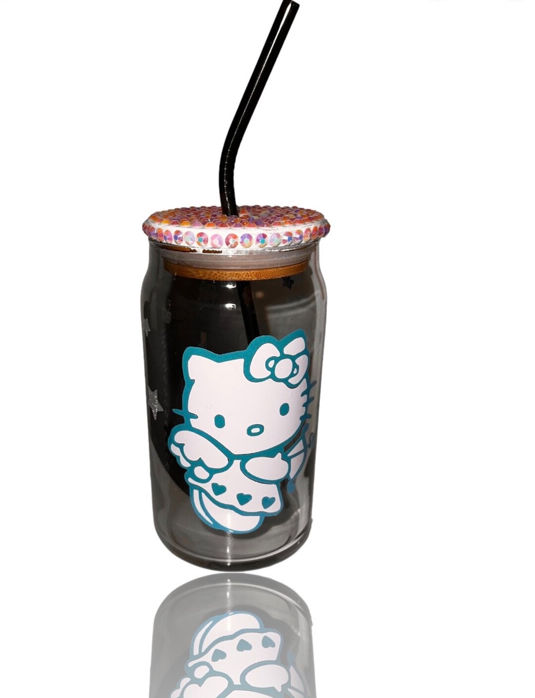 Hello Kitty Glass Tumbler Cup W/bamboo Lid 16oz Glass Can - Etsy