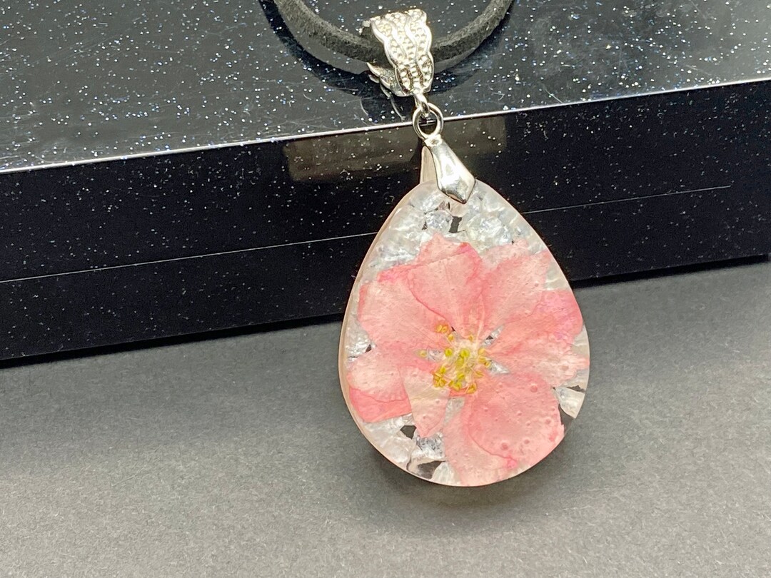 Necklace, Dried Flour, July Birth, Flower, Pink Larkspur, Teardrop ...