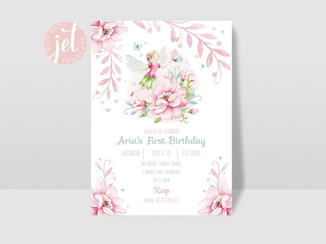 Editable Fairy First Birthday Invitation, 1st Birthday Girl, Woodland ...