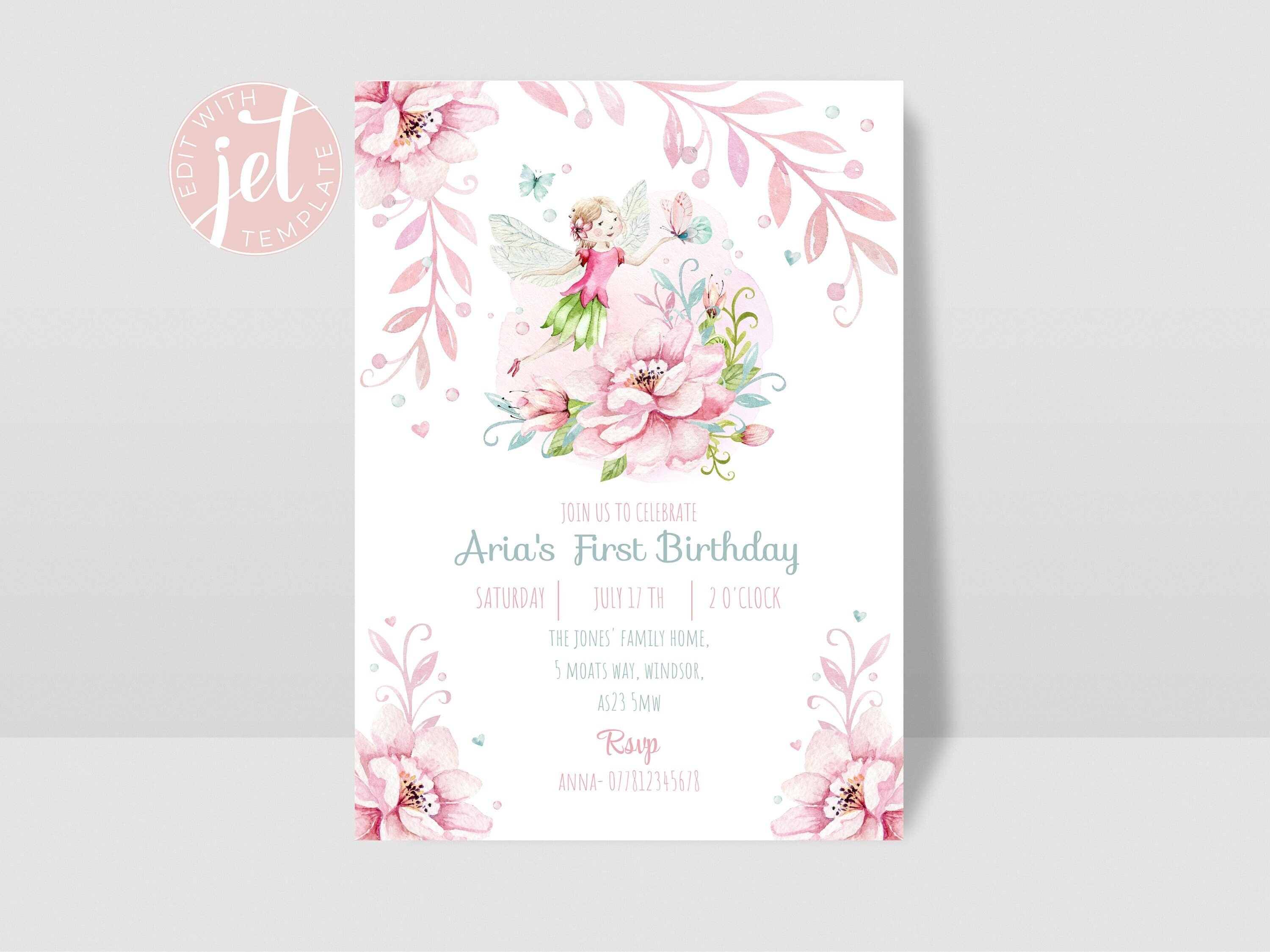 Editable Fairy First Birthday Invitation, 1st Birthday Girl, Woodland ...