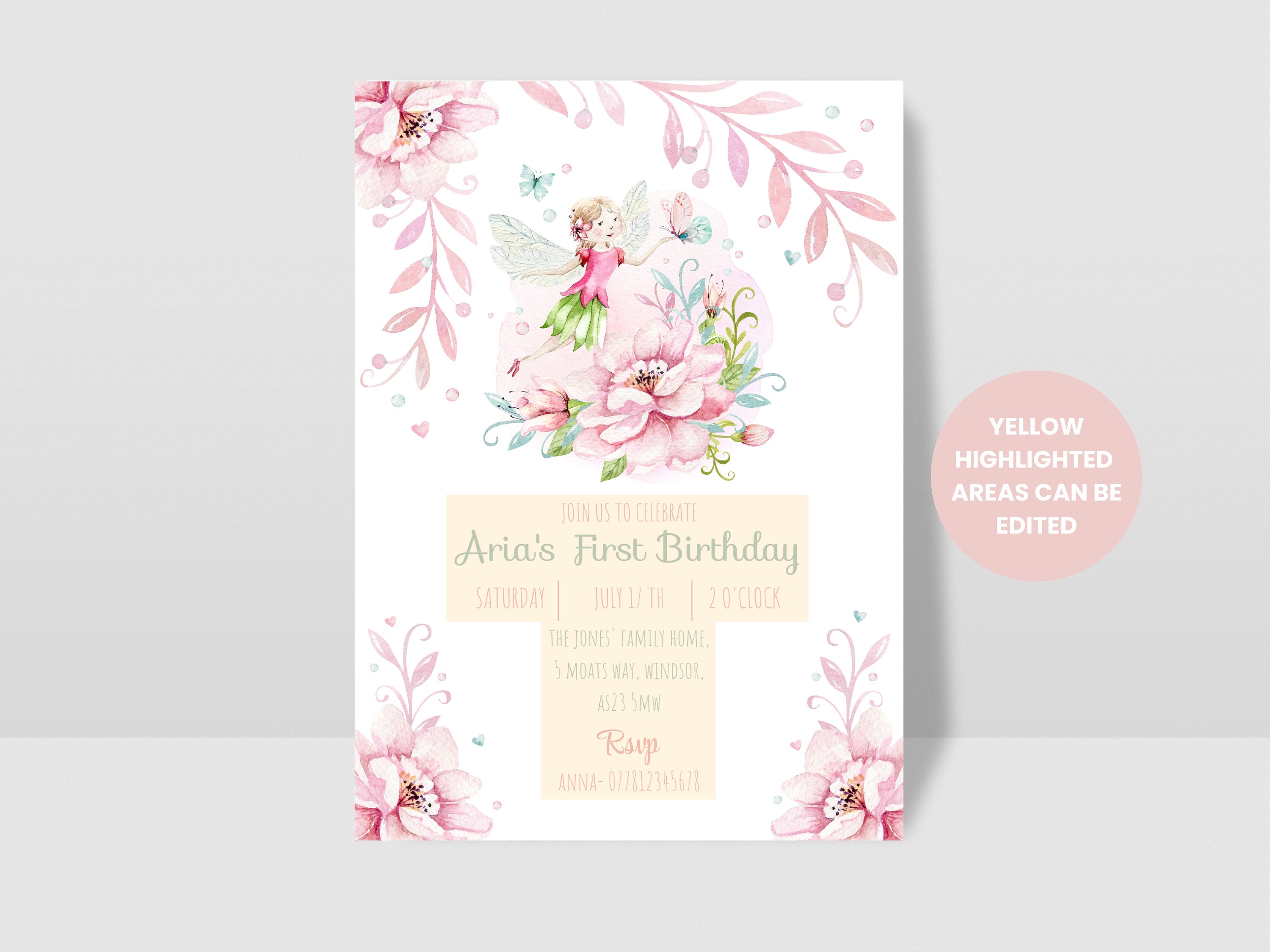 Editable Fairy First Birthday Invitation, 1st Birthday Girl, Woodland ...