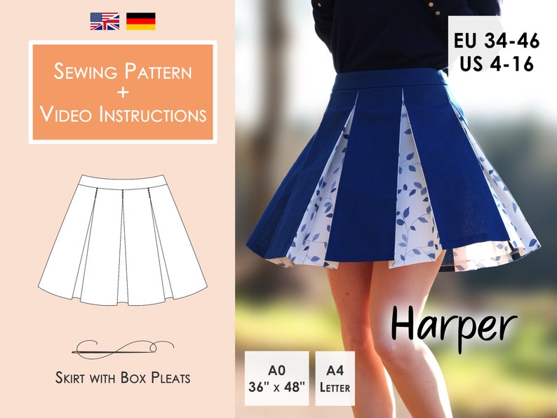 Skirt HARPER With Box Pleats PDF Sewing Pattern Sizes 34-46 - Etsy