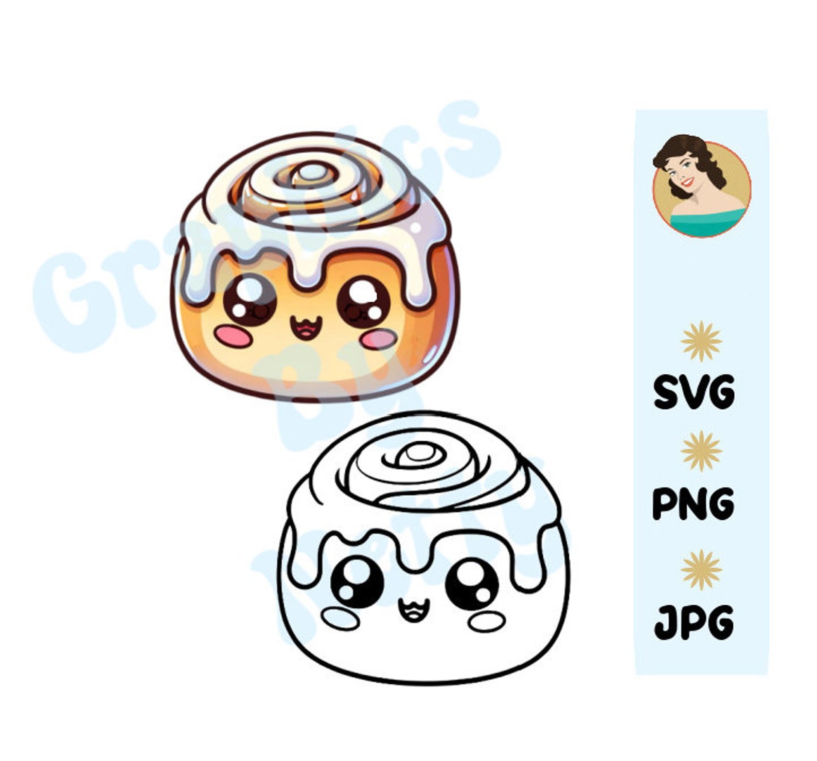 Kawaii Cinnamon Bun Jpeg/svg/png Format Commercial Use Digital Stamp ...