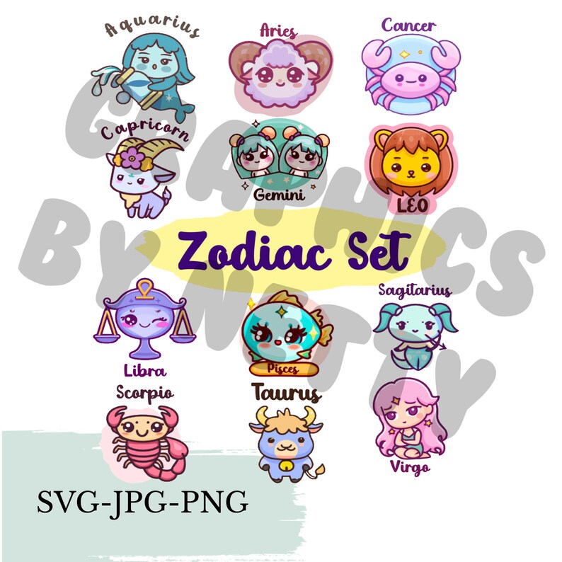 Kawaii Zodiac Clipart Set Svg Png Jpeg Format Commercial Use - Etsy