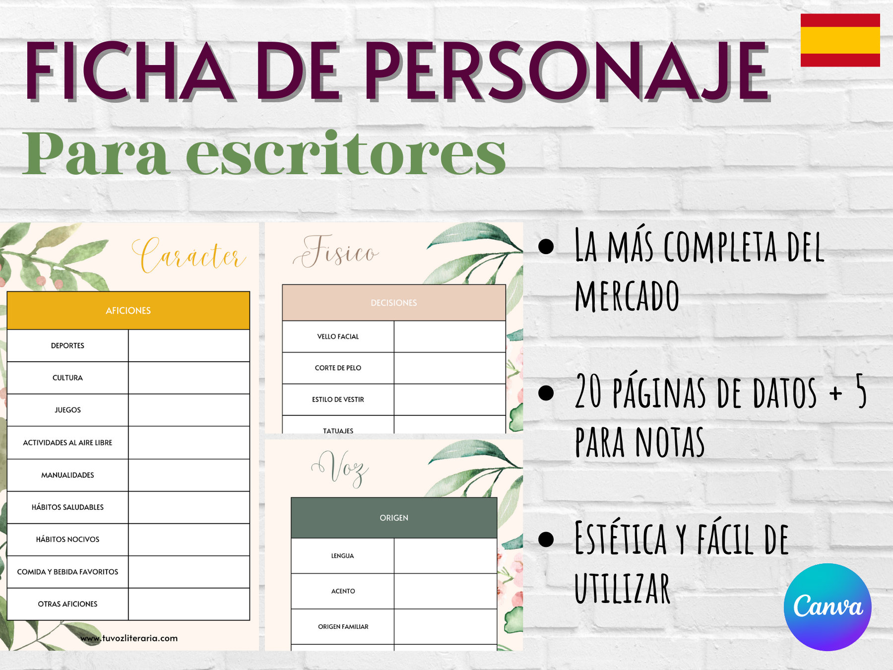Plantilla DEFINITIVA Ficha de personaje para escritores Canva - Etsy España