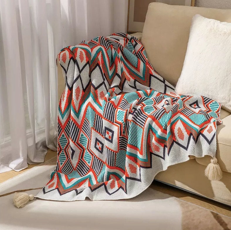 Organic Cotton Knitted Throw Blanket, Geometric Throw Blanket, Date ...