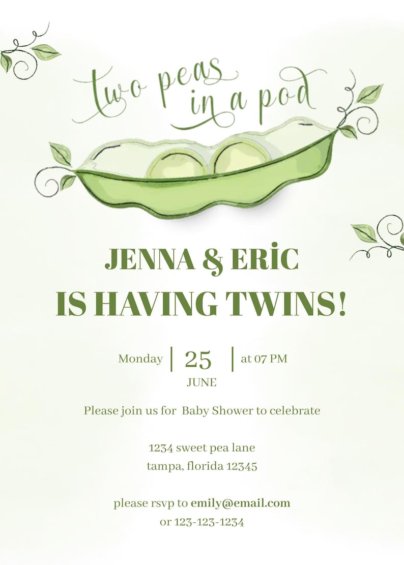 Two Peas in a Pod Twins Baby Shower Invitation, Botanical Watercolor ...